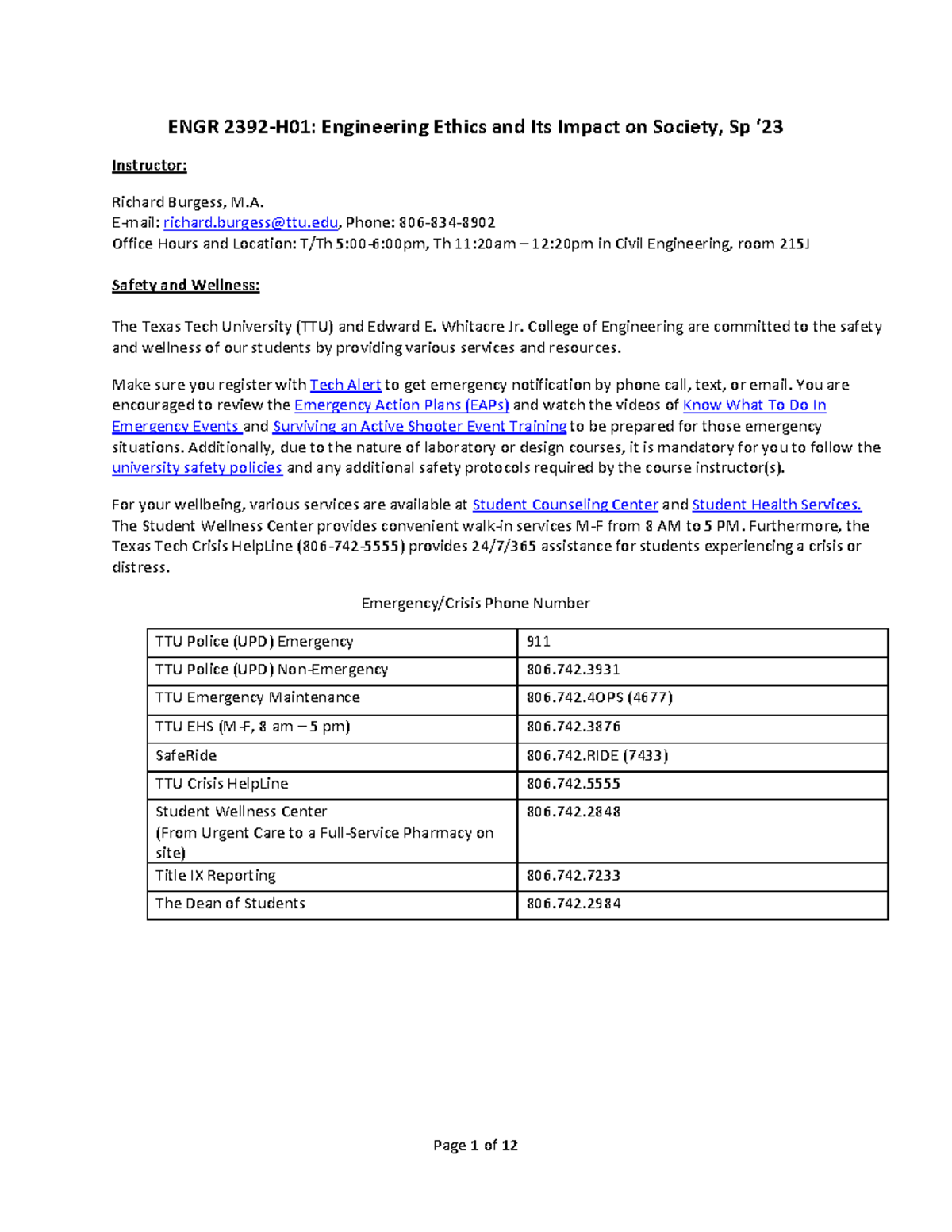 ENGR 2392-H01 Syllabus, Sp '23 - ENGR 2392-H01: Engineering Ethics and ...
