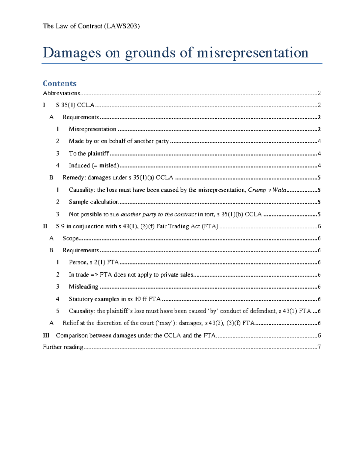 Misrepresentation - Damages on grounds of misrepresentation - Studocu