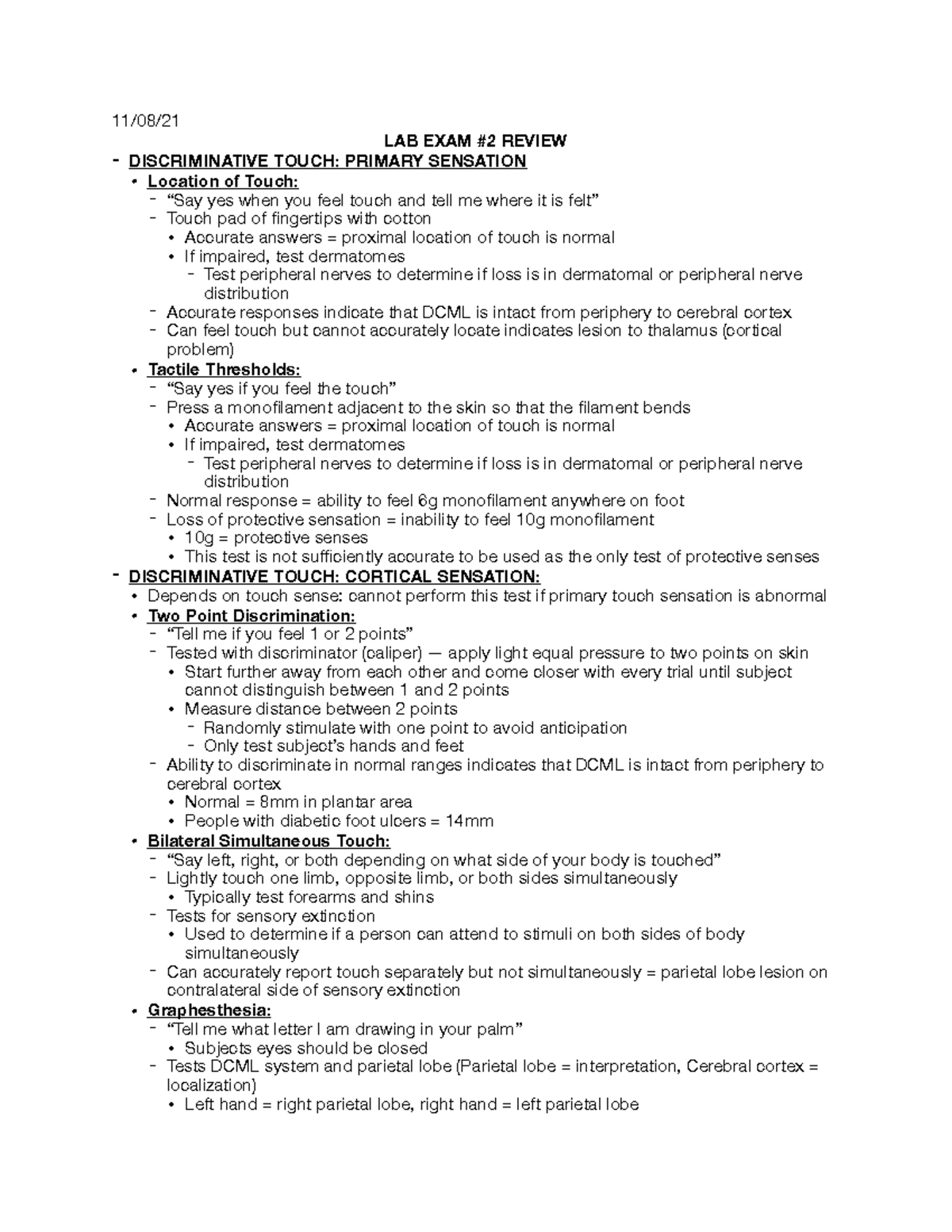 Sensory Notes - 11/08/ LAB EXAM #2 REVIEW - DISCRIMINATIVE TOUCH ...