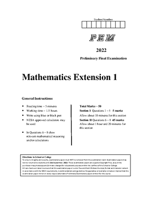 PEM 2022 Mathematics Extension 1 Preliminary Marking Criteria ...