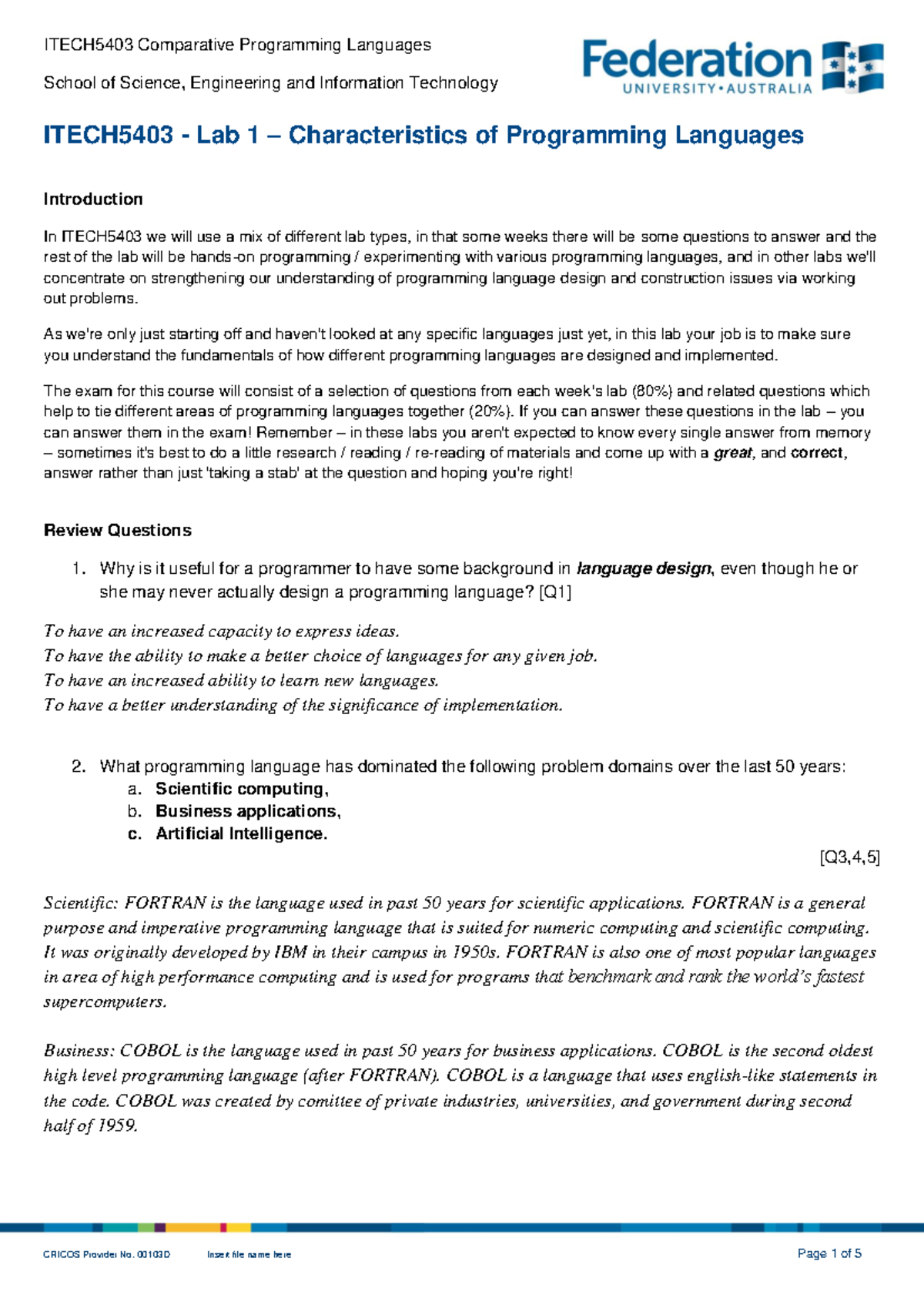 Lab 01 Characteristics Of Programming Languages Answers Itech5403