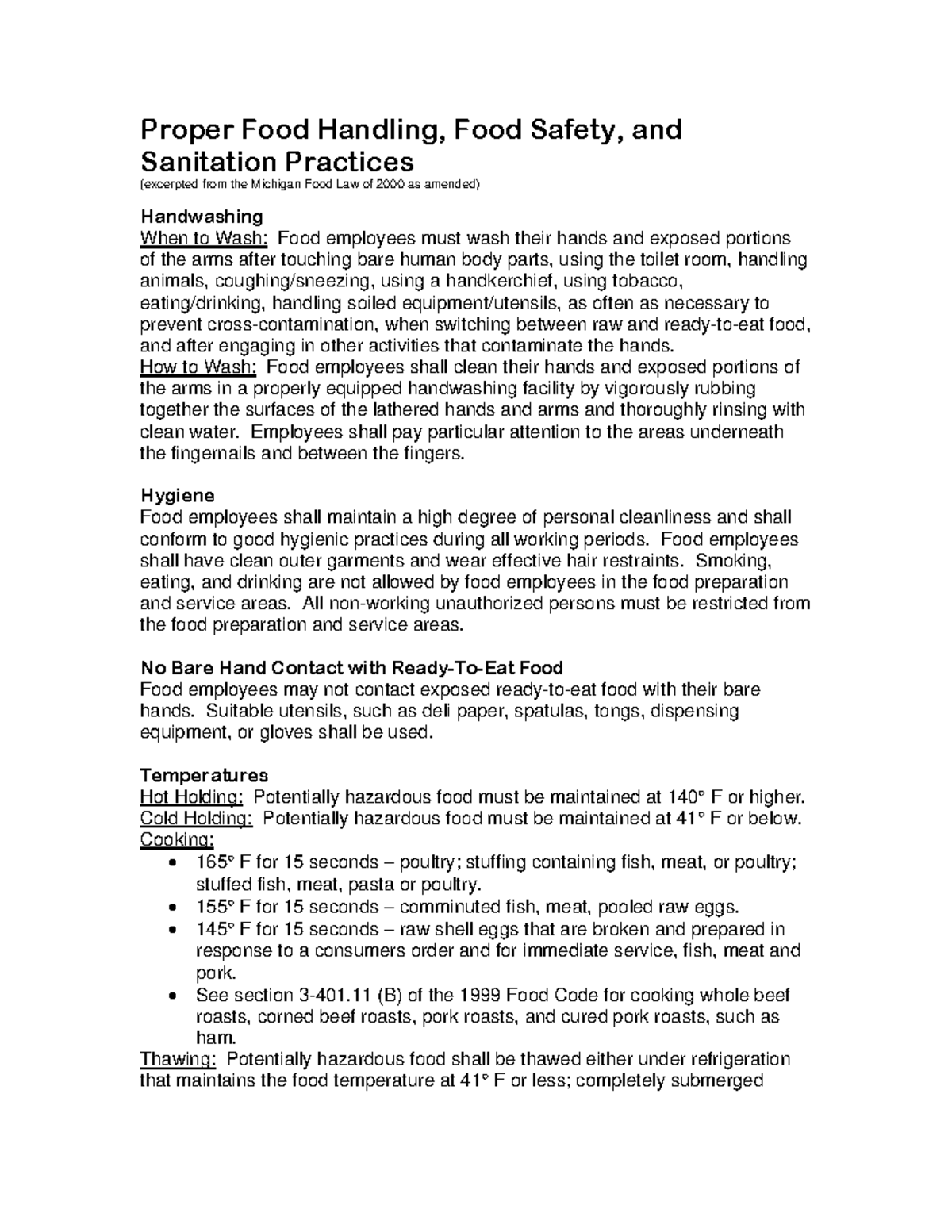 Proper handling handout - Proper Food Handling, Food Safety, and ...