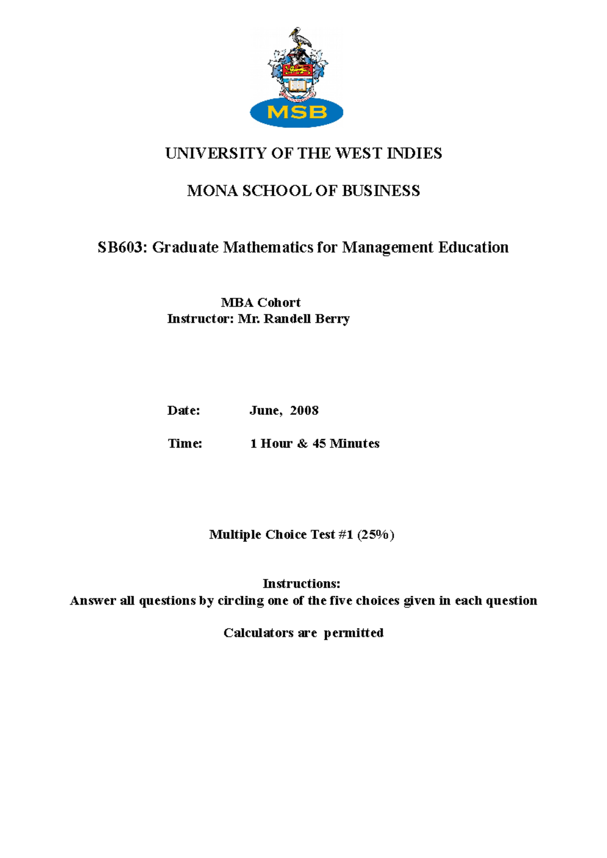 Math test1- SB603: Graduate Mathematics for Management Education ...
