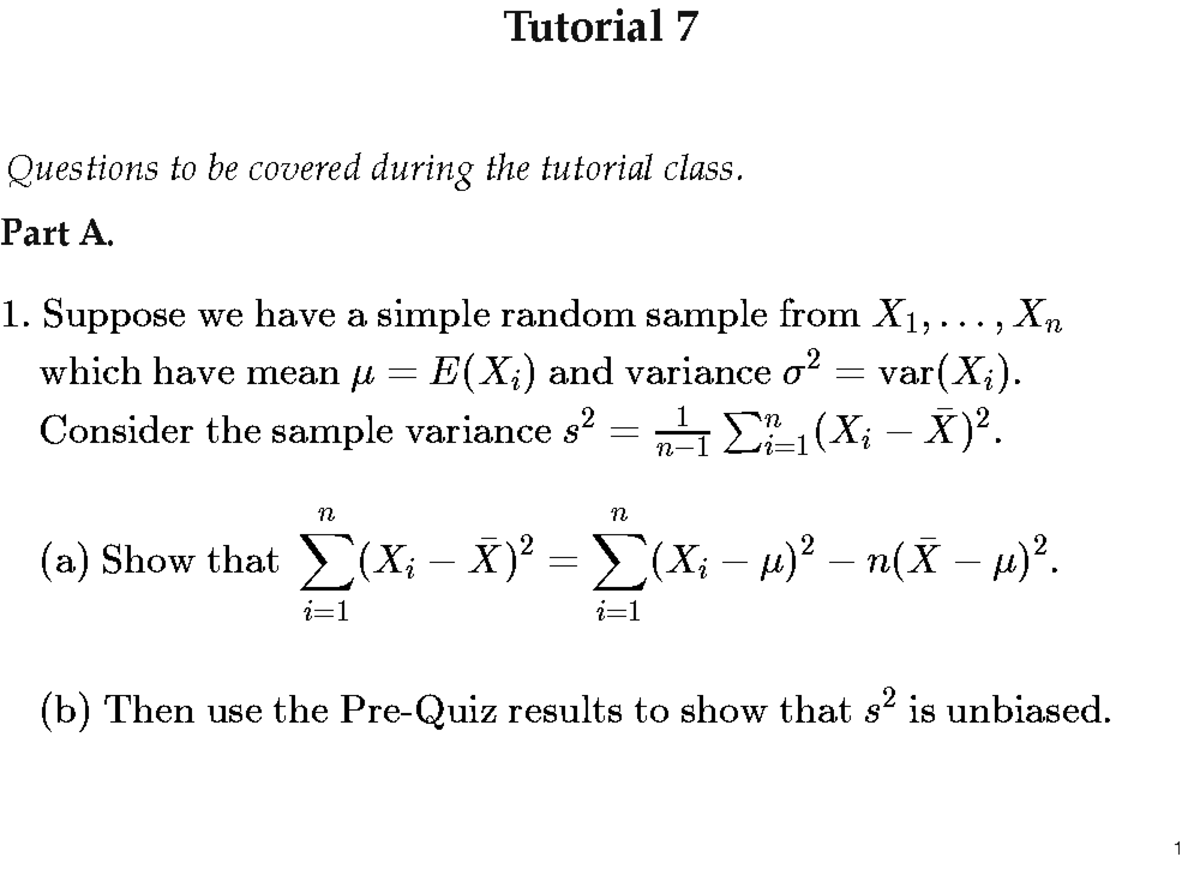 Qm1 2020 tutorial 7 - Tutorial 7 Questions to be covered during the tutorial class. Part A ...