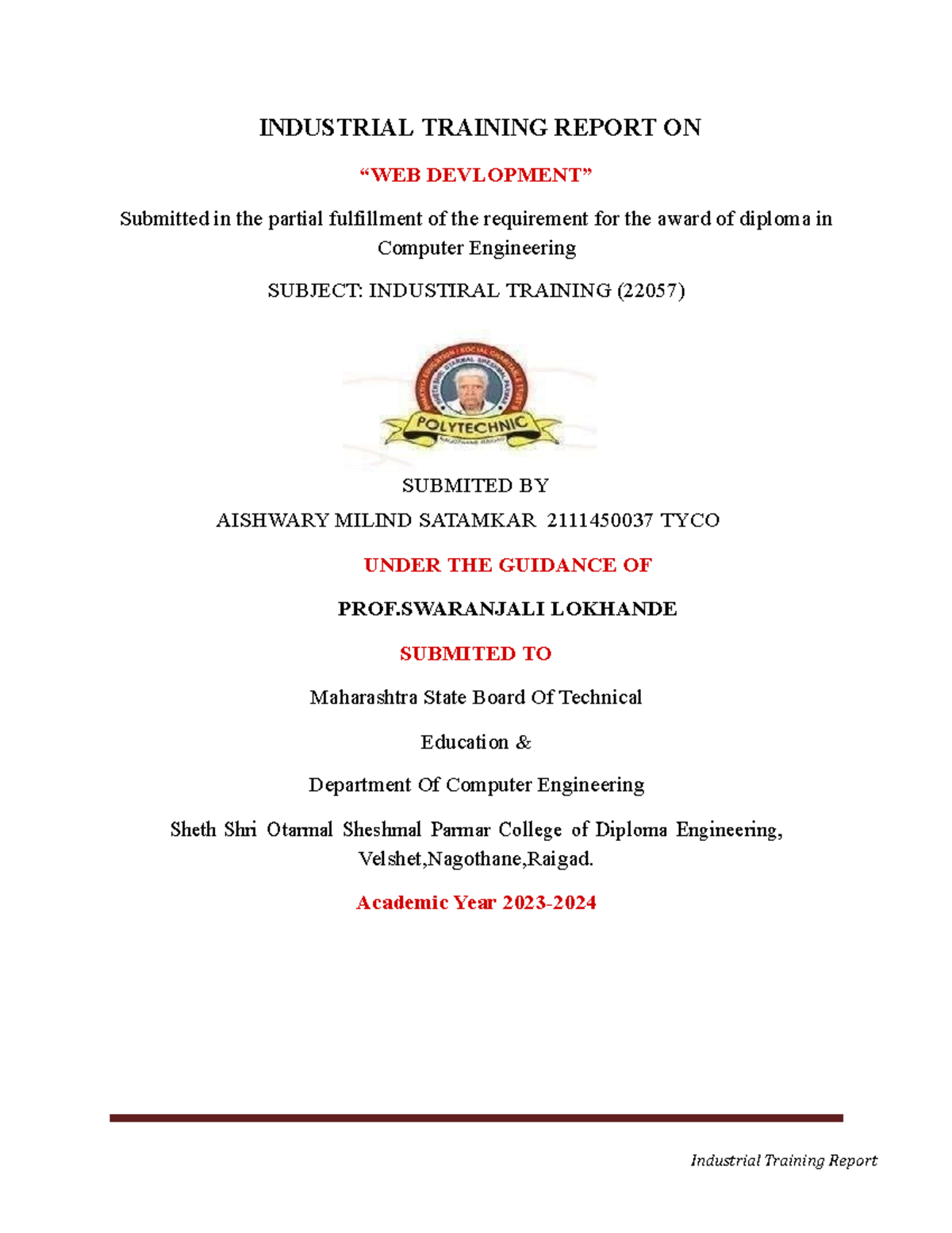 Aishwary itr - bhwqgdyq - INDUSTRIAL TRAINING REPORT ON ####### “WEB ...