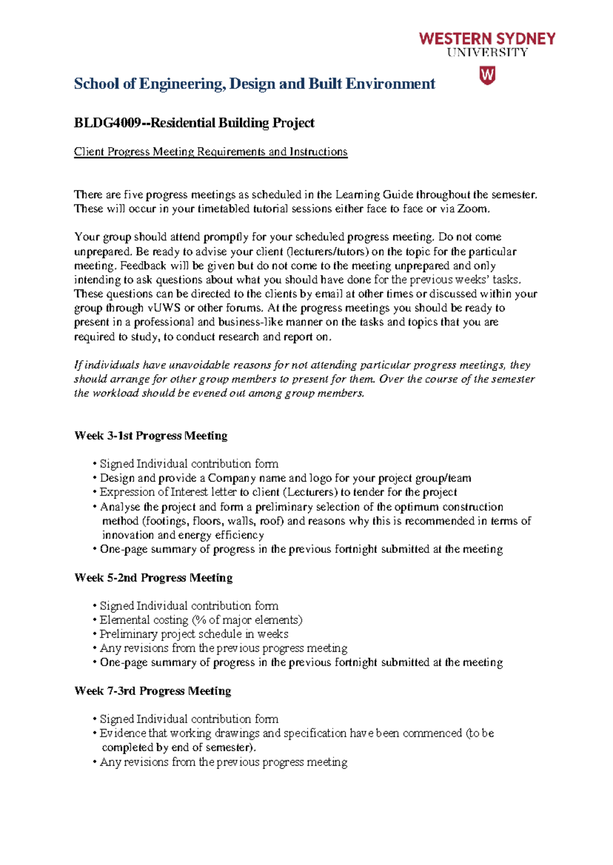BLDG4009-Residential Building Project-Progress meeting instructions ...