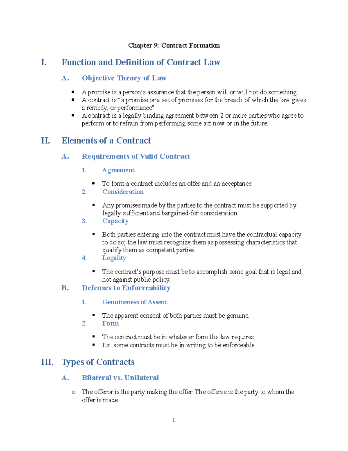 Chapter 9 - Chapter 9: Contract Formation I. Function and Definition of ...