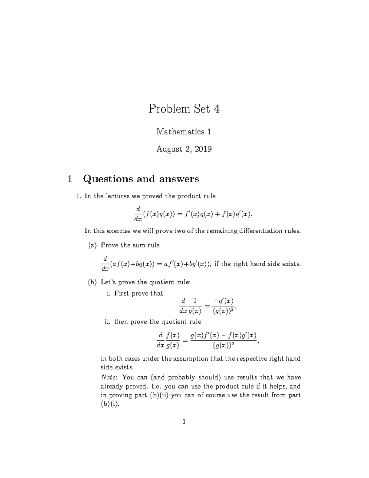 Tut 4 - Fourth Tutorial for Calculus - Prof Anders - Problem Set 4 Mathematics 1 August 2, 2019 ...