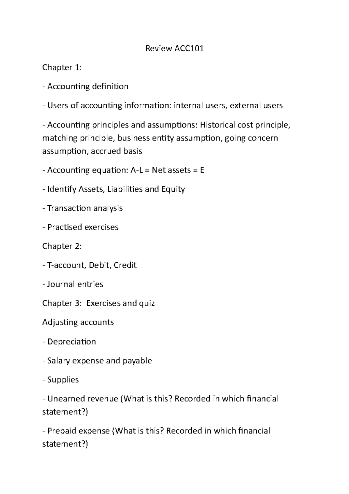 Review ACC101 - acc - Review ACC Chapter 1: Accounting definition Users ...