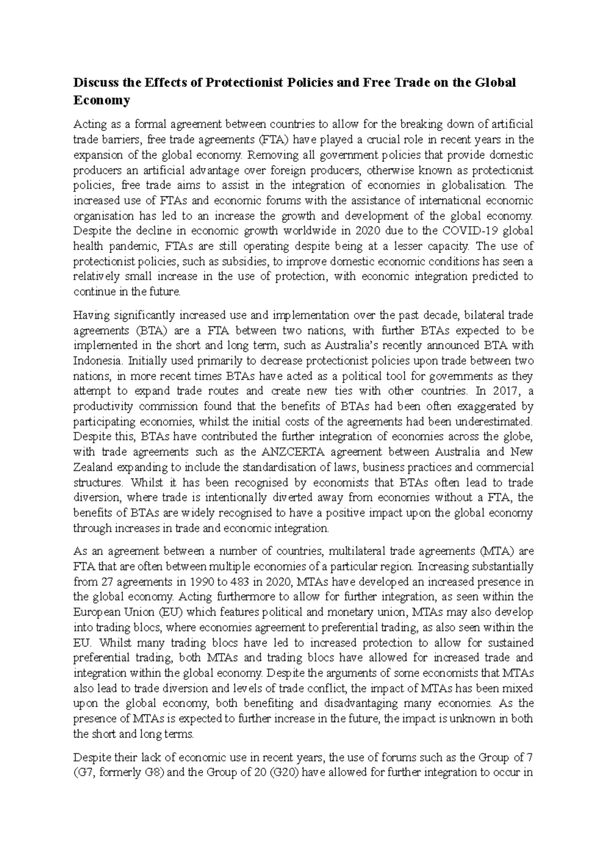 Effects of FTA and Protection - Discuss the Effects of Protectionist ...