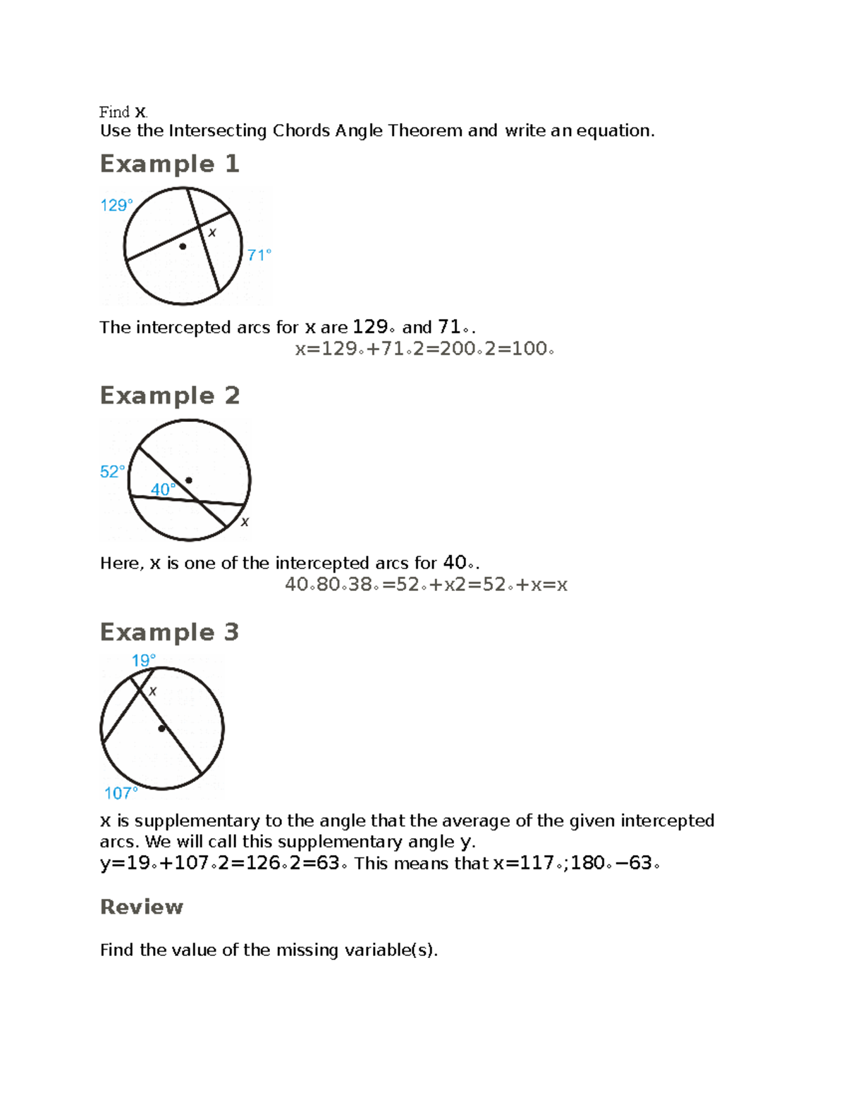 Math lecture notes - Find x. Use the Intersecting Chords Angle Theorem ...