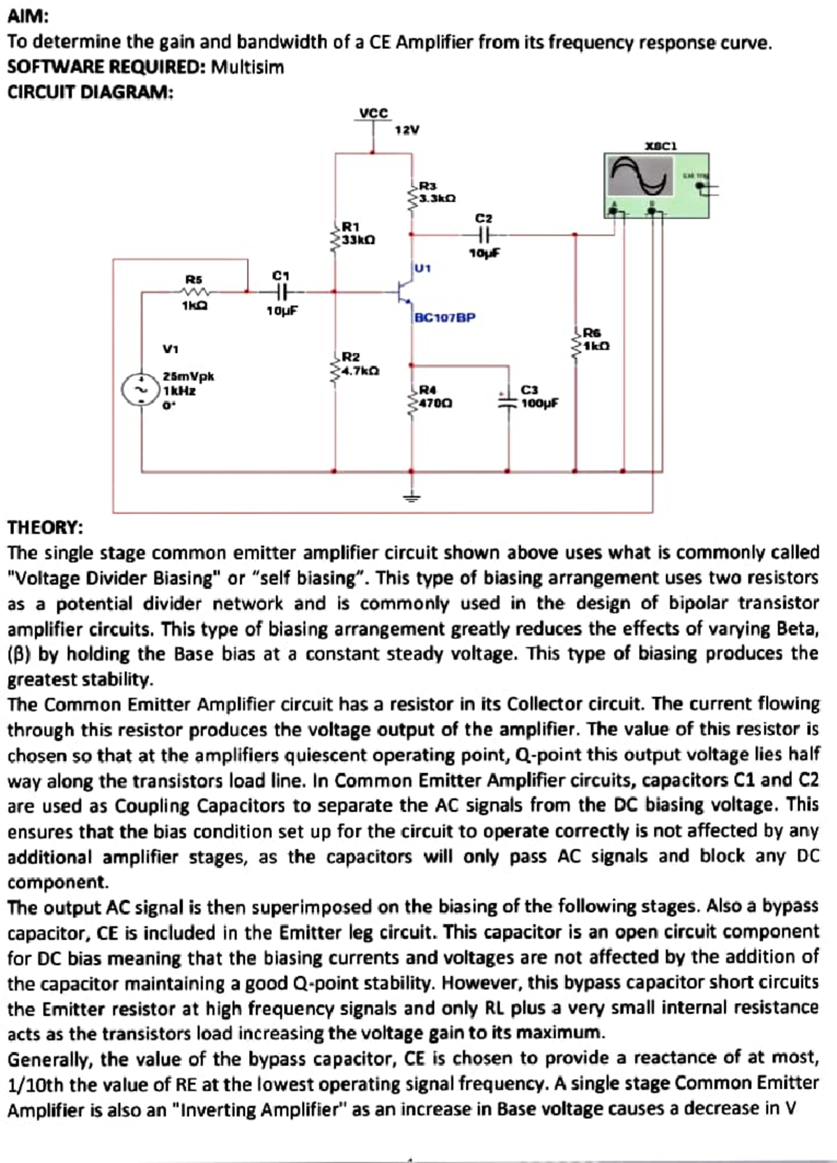 Analog Electronics Practical - AIM: To determine the gain and bandwidth of a CE Amplifier from ...