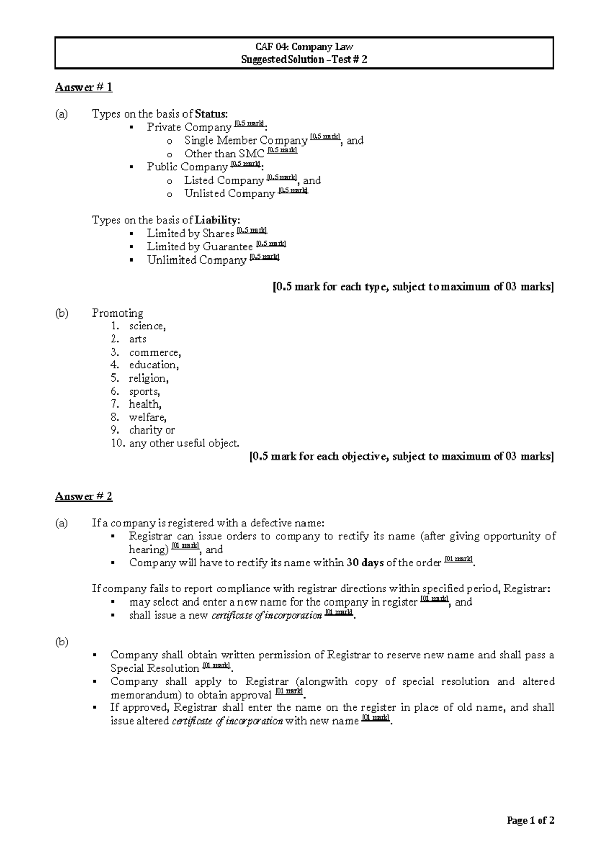 Test 2 - Suggested Solution - CAF 04: Company Law Suggested Solution ...