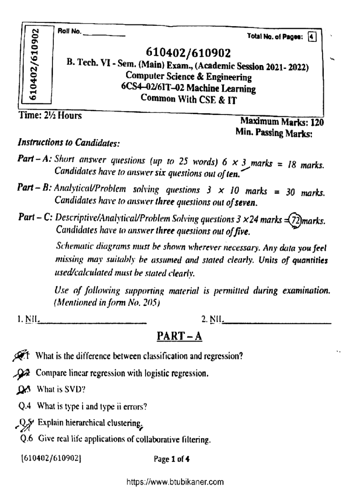 Btech cs it 6 sem machine learning 610402 2022 - Bechalor of computer ...