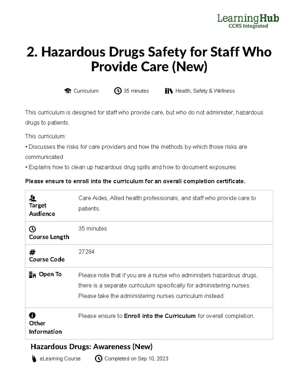 Hazardous Drugs Safety for Staff Who Provide Care Completion - 2 ...