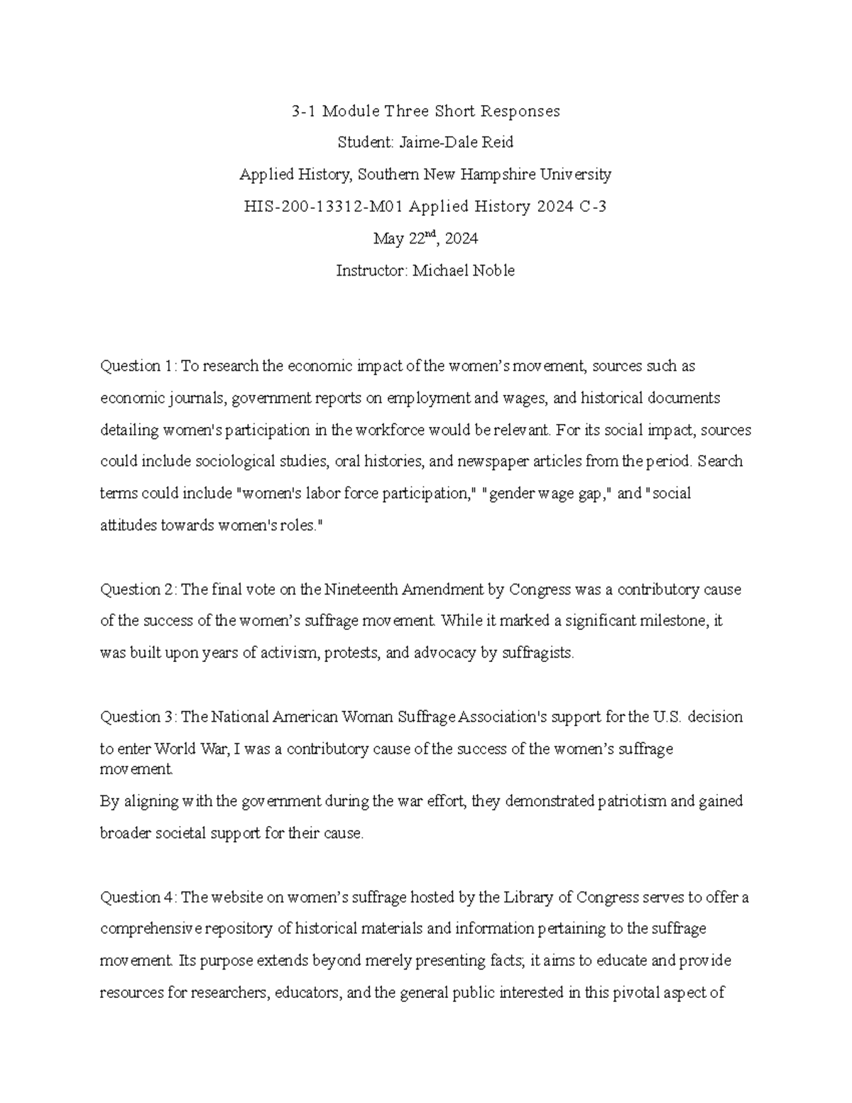 HIS 200 3-1 Assignment - 3-1 Module Three Short Responses Student ...