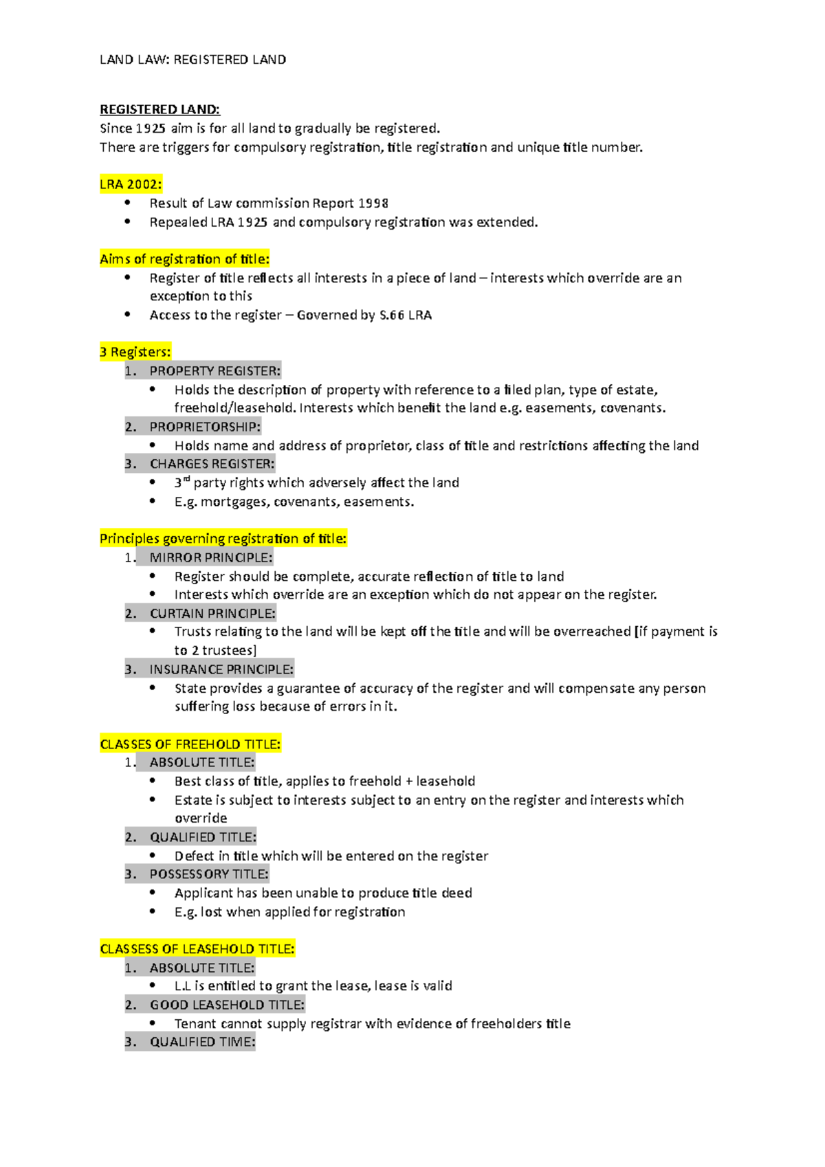 Registered LAND Revision - LAND LAW: REGISTERED LAND REGISTERED LAND ...