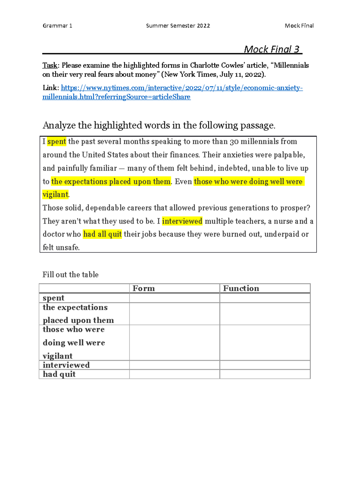 Mock Exam Final 3 - Grammar 1 Summer Semester 2022 Mock Final Mock ...