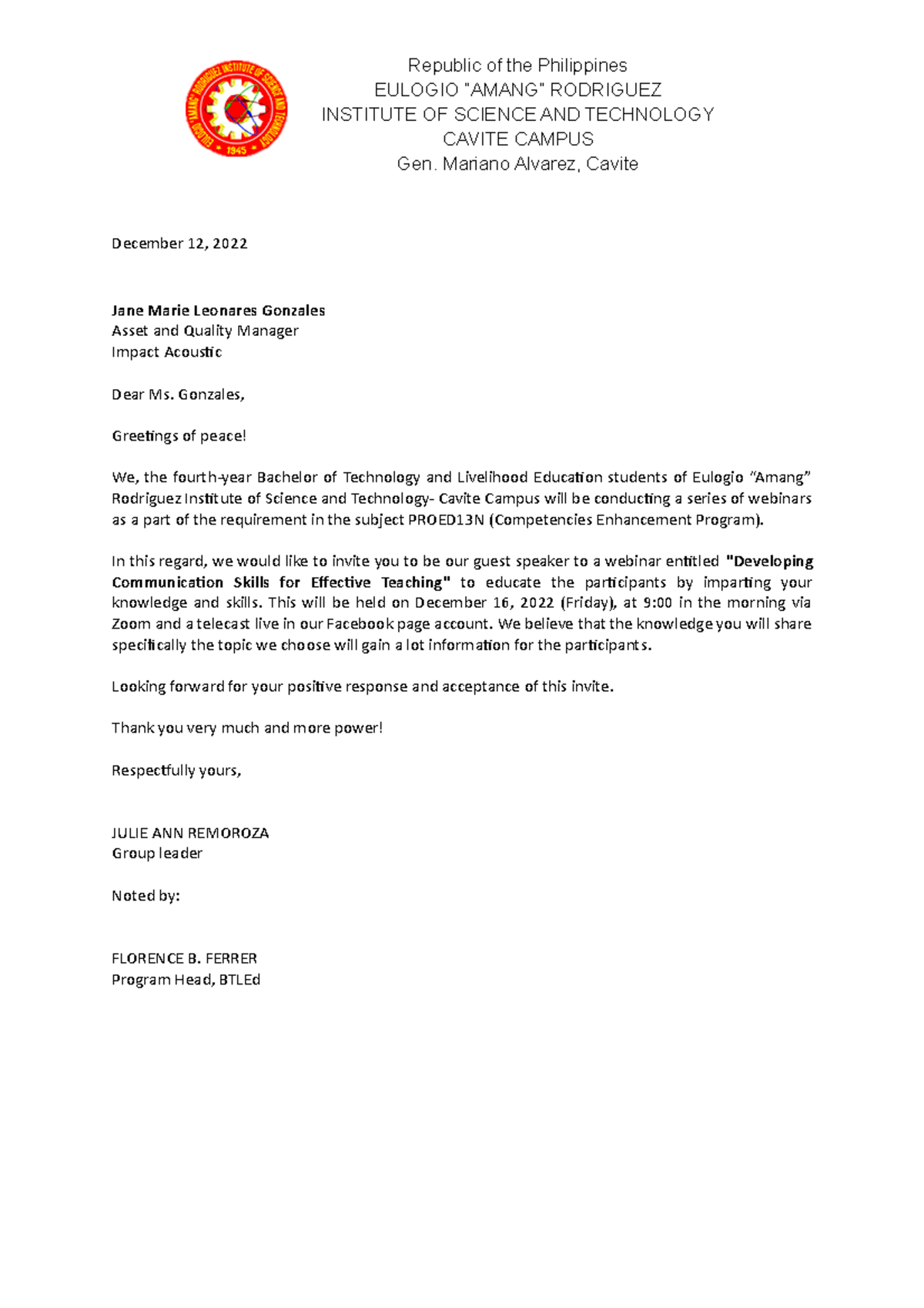 Letter for Guest Speaker 101 - Republic of the Philippines EULOGIO ...