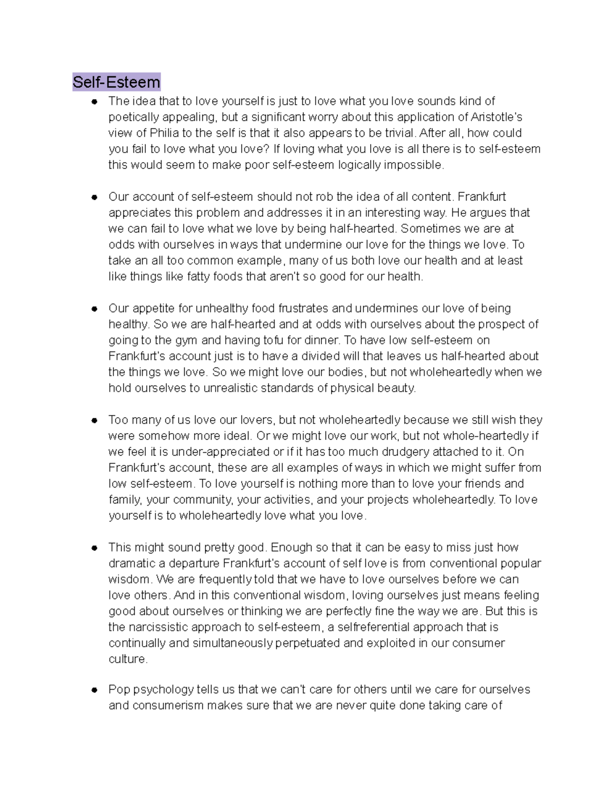 Philosophy - Part 16 - Notes - Self-Esteem The idea that to love ...