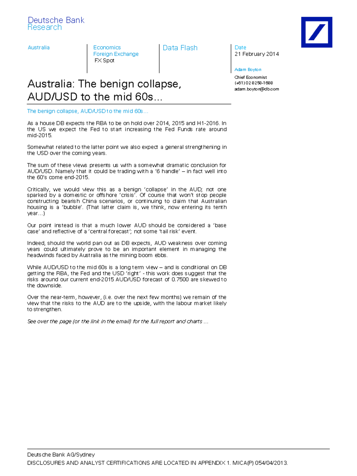 Boyton, Adam - The benign collapse, Audusd to the mid 60s - Deutsche ...