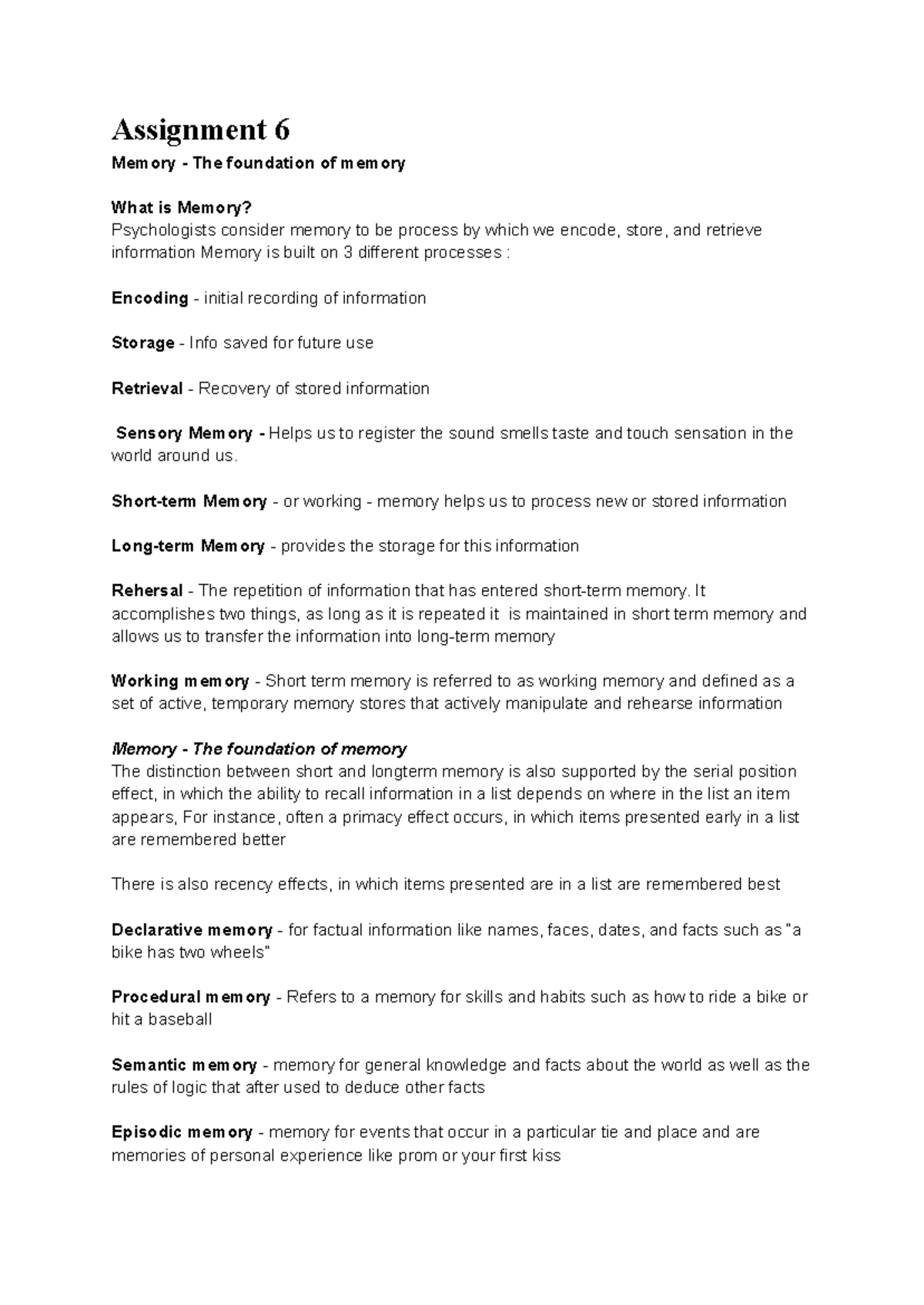Psych 1010 Memory - The foundation of memory - Assignment 6 Memory - The foundation of memory ...