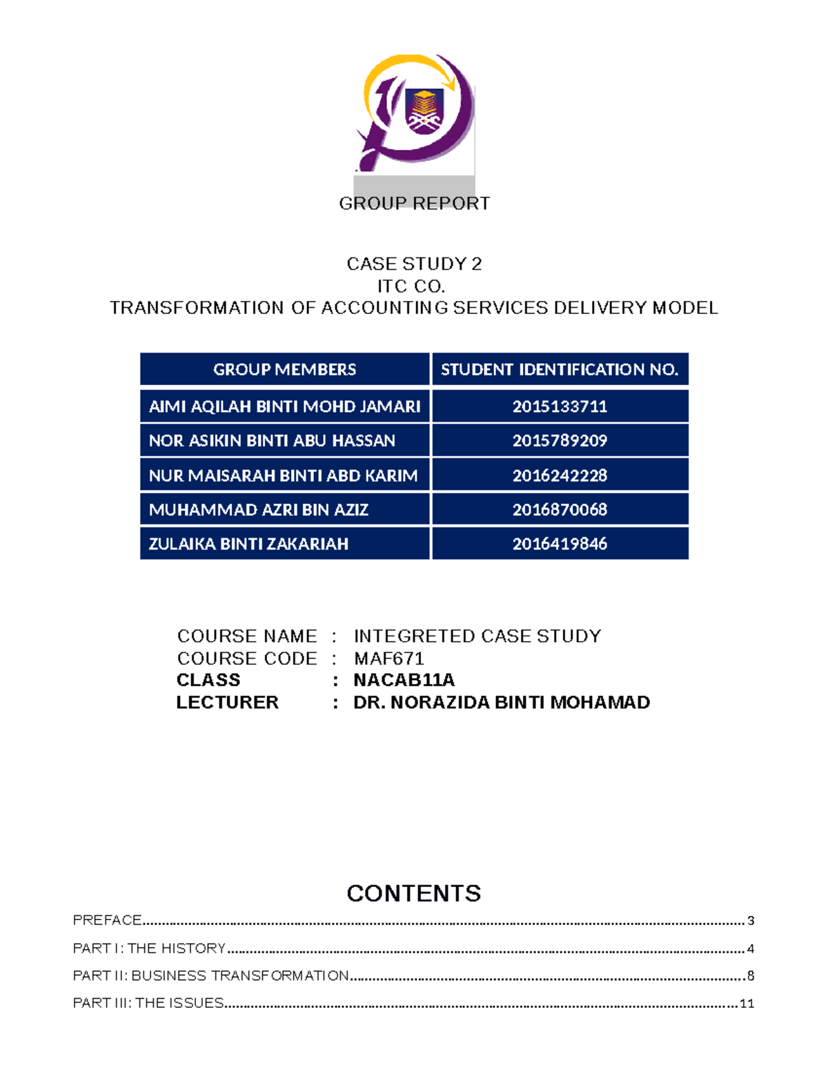 assignment for accounting students - GROUP REPORT CASE STUDY 2 ITC CO ...