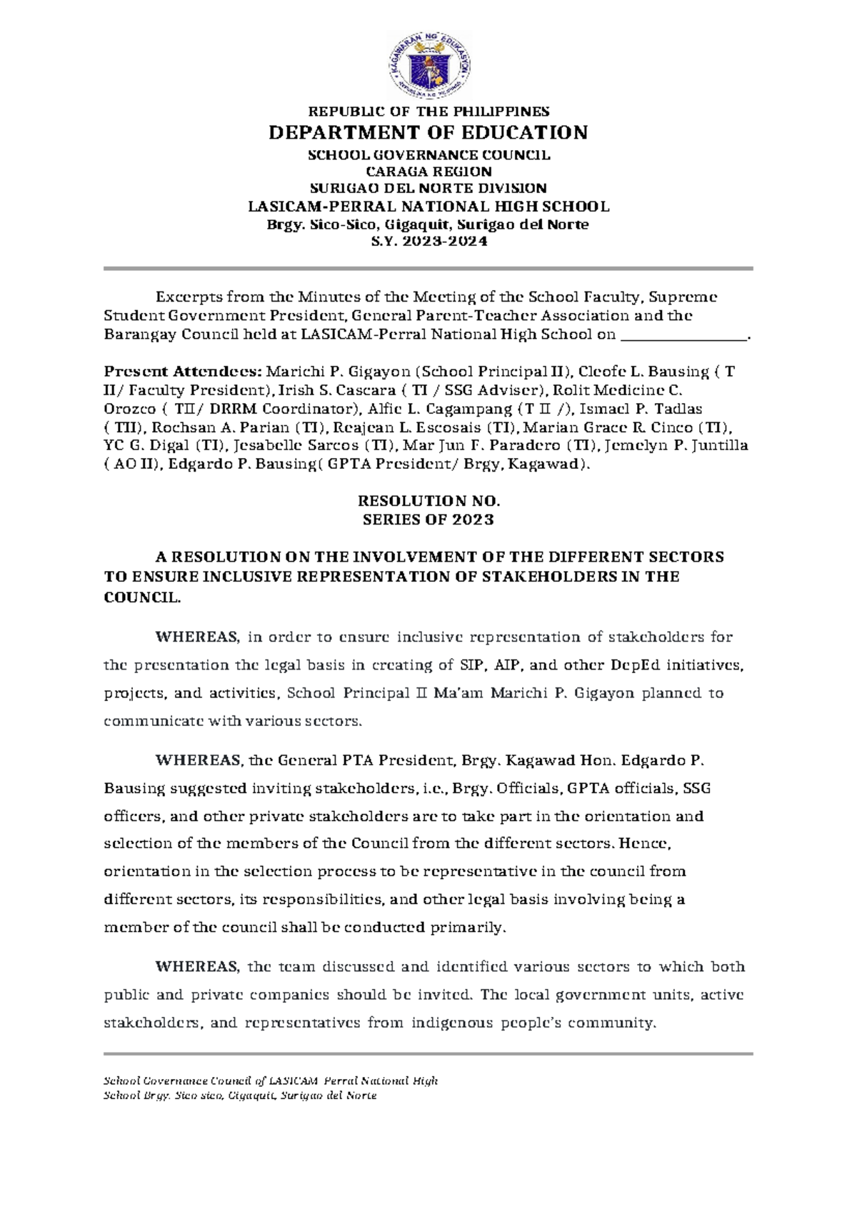 SGC Resolution - sgc resoulution sample - School Governance Council of ...