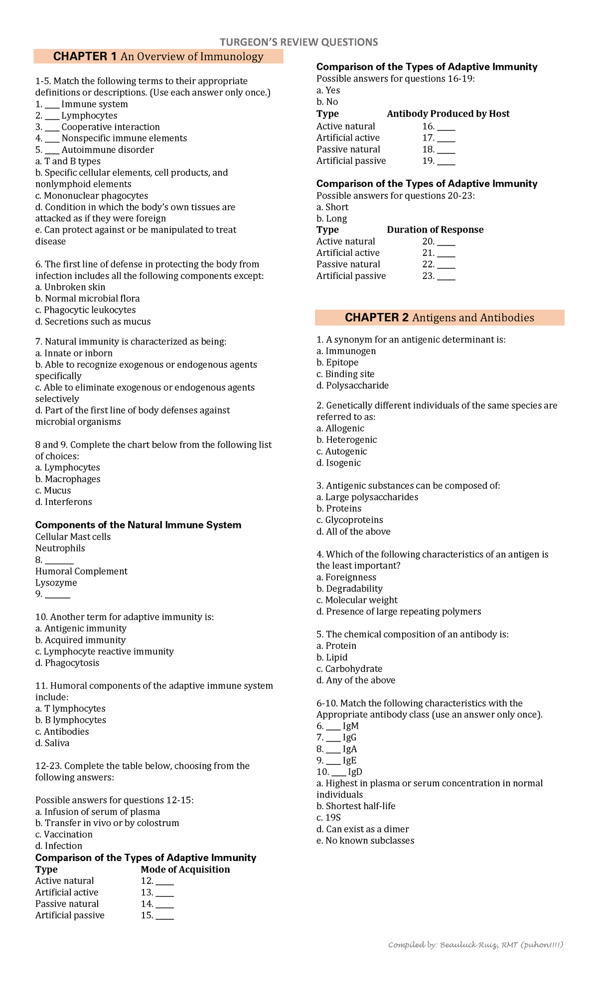 Turgeons Review Questions 5th Ed - CHAPTER 1 An Overview of Immunology 1 - 5. Match the ...