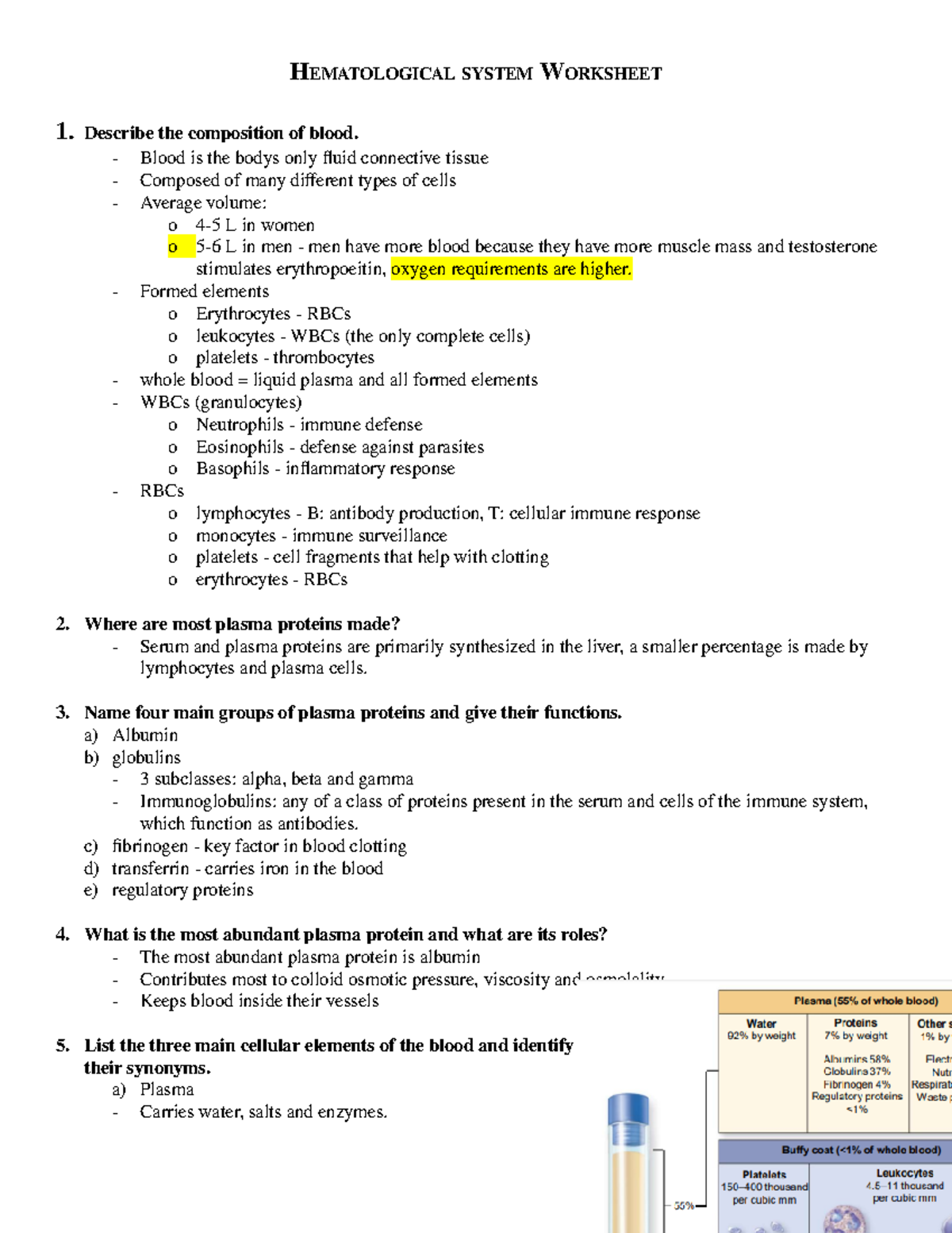 Hematological system Workshee 1 - HEMATOLOGICAL SYSTEM WORKSHEET 1 ...