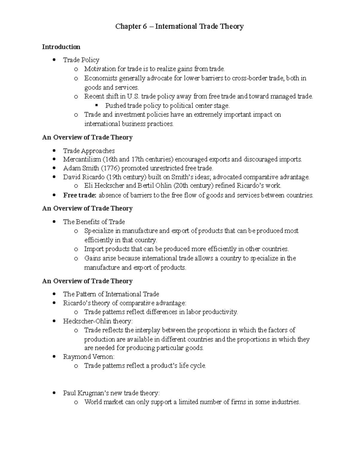 Chapter 6 - International Trade Theory - Introduction Trade Policy o ...