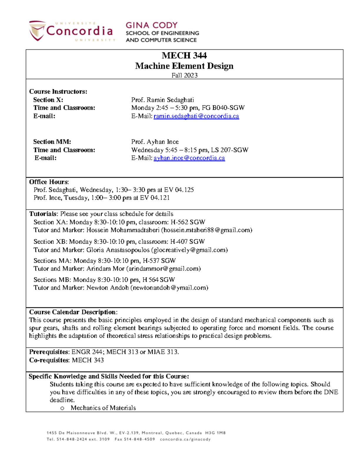 MECH 344-Course Outline-Fall 2023 - MECH 344 Machine Element Design ...