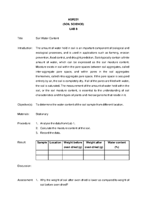 AGR231 Lab 7 Soil Bulk Density and Porosity - AGR (SOIL SCIENCE) LAB 7 ...