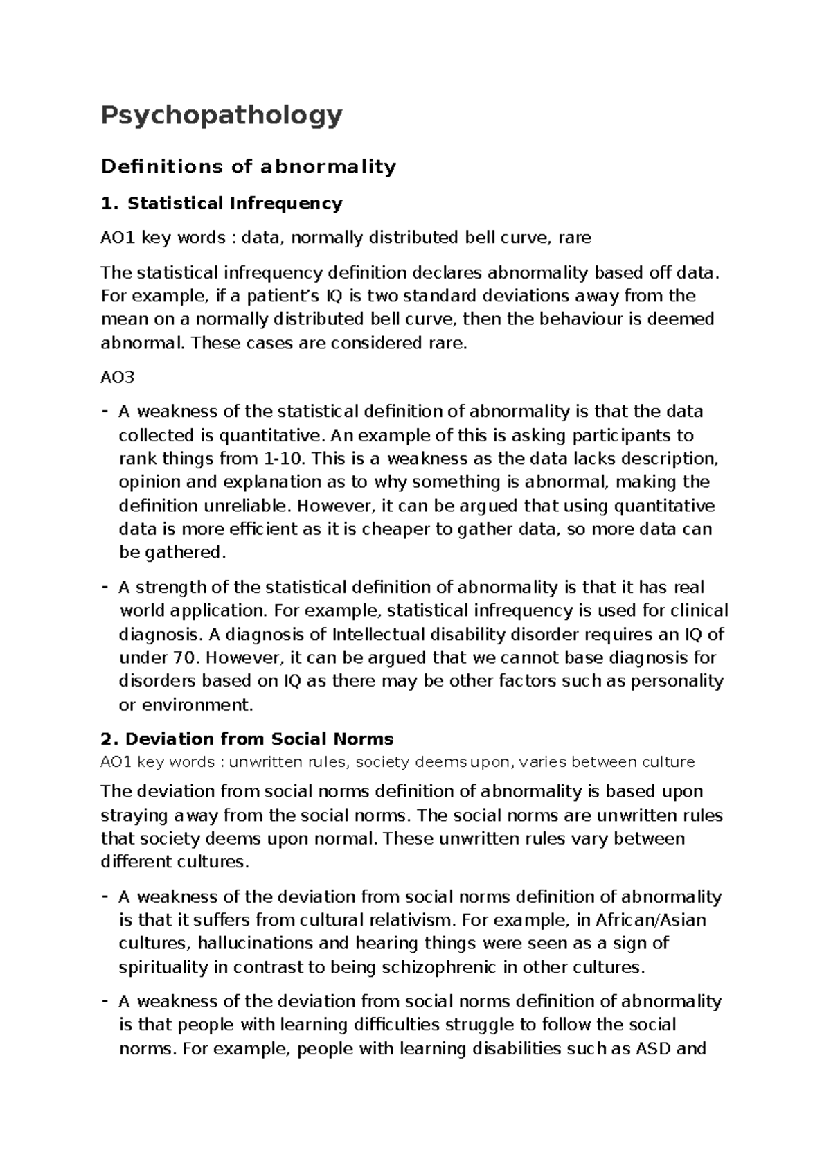 Psychopathology summary - Psychopathology Definitions of abnormality 1 ...