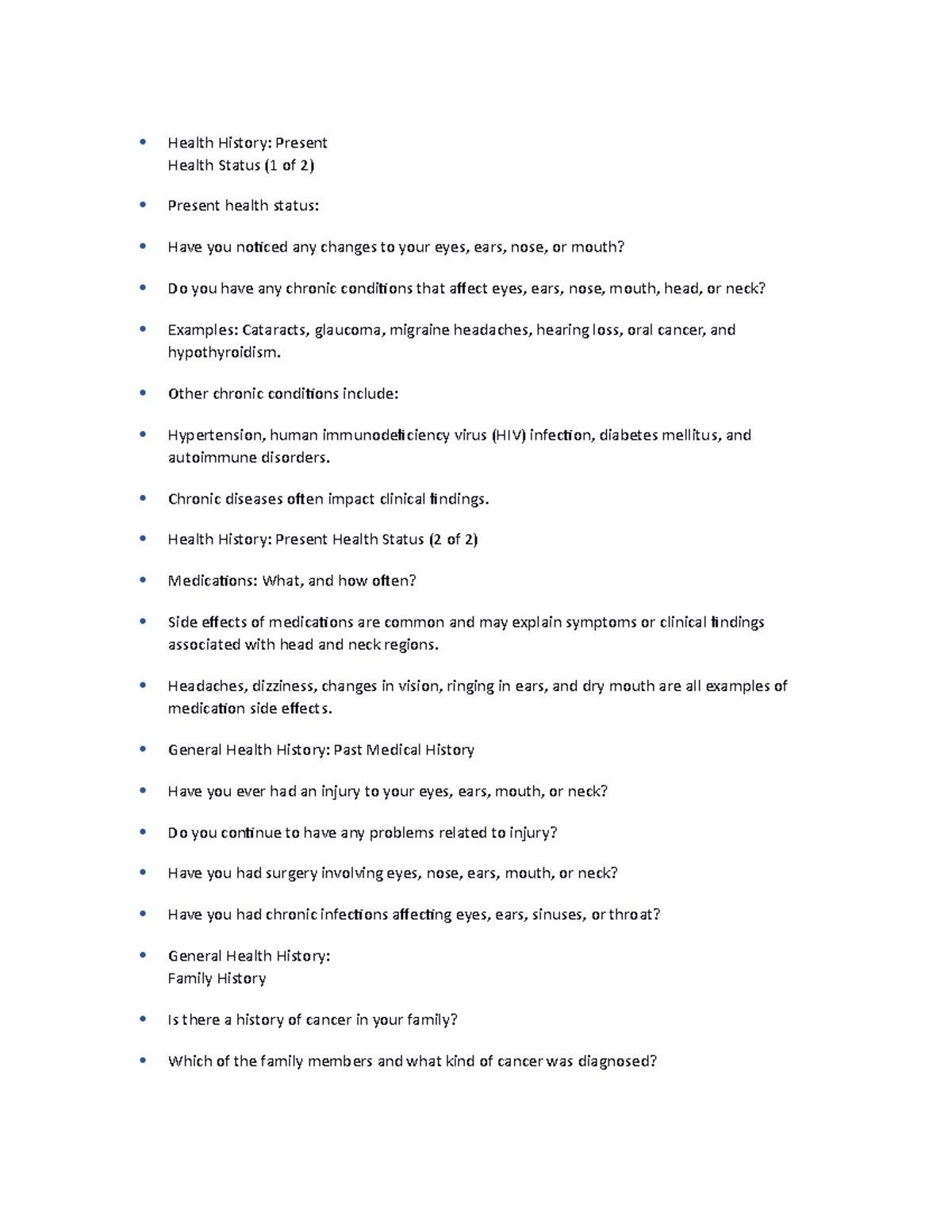 Health History Heent - Health History: Present Health Status (1 of 2 ...