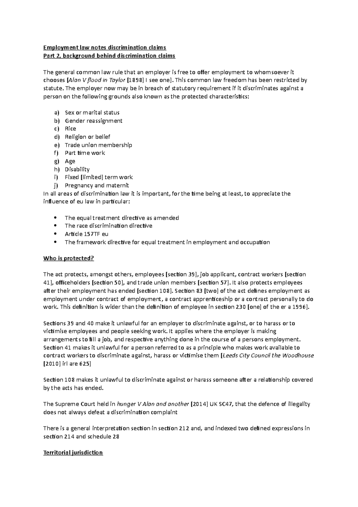 Employment law notes on discrimination part two and territorial ...