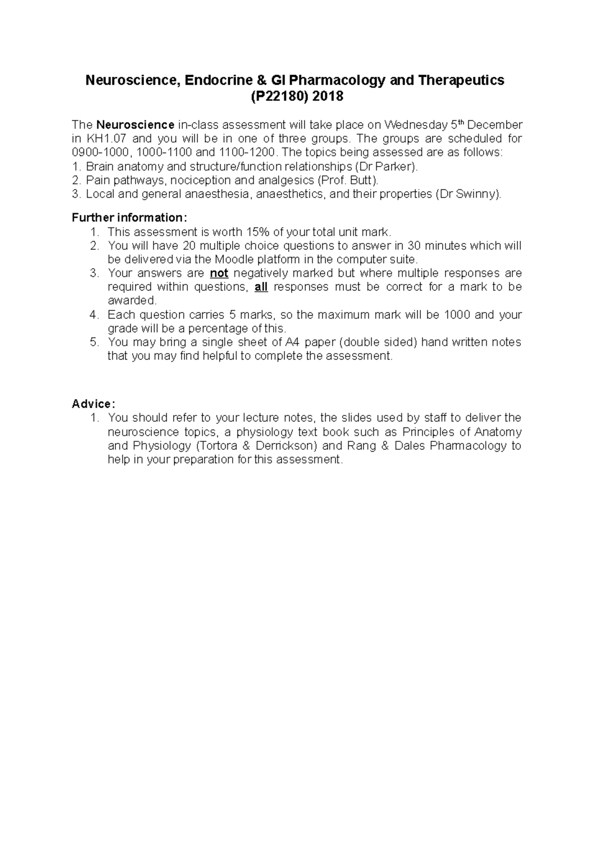 Neuroscience Test Advice and Sample Questions 2018 - Neuroscience ...