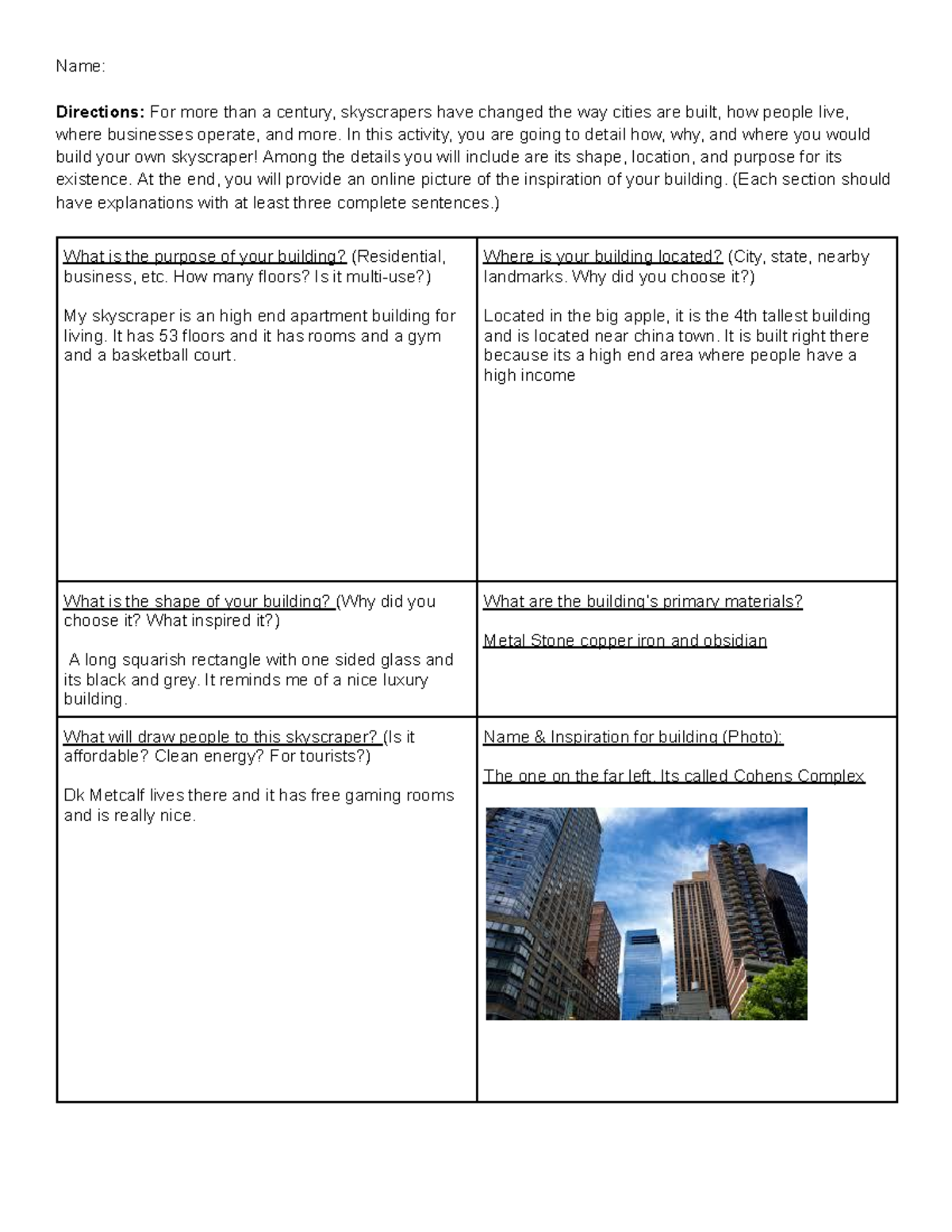 Copy of Skyscraper Activity - Name: Directions: For more than a century ...