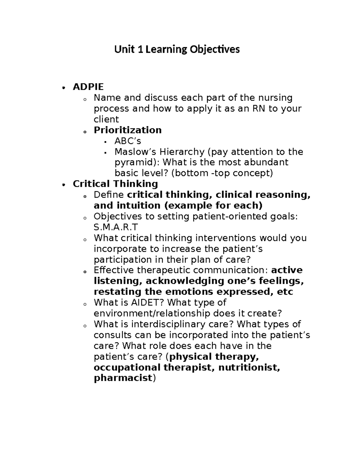 Unit 1 nur155 exam - Unit 1 Learning Objectives ADPIE o Name and ...