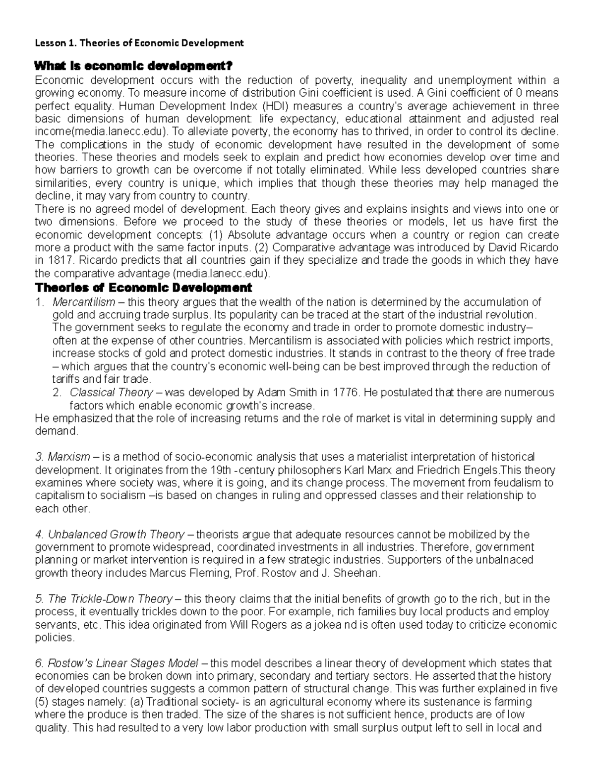 Group V Theories of Economic Development - Lesson 1. Theories of ...