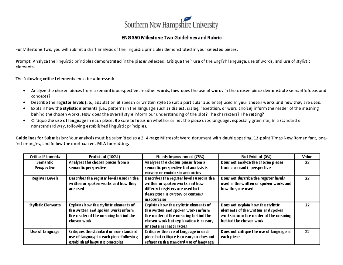 ENG 350 Milestone Two Guidelines and Rubric - Prompt: Analyze the ...