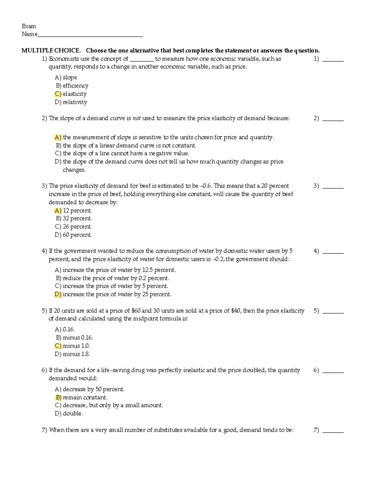 Elasticity - Exam Name___________________________________ MULTIPLE CHOICE. Choose the one - Studocu