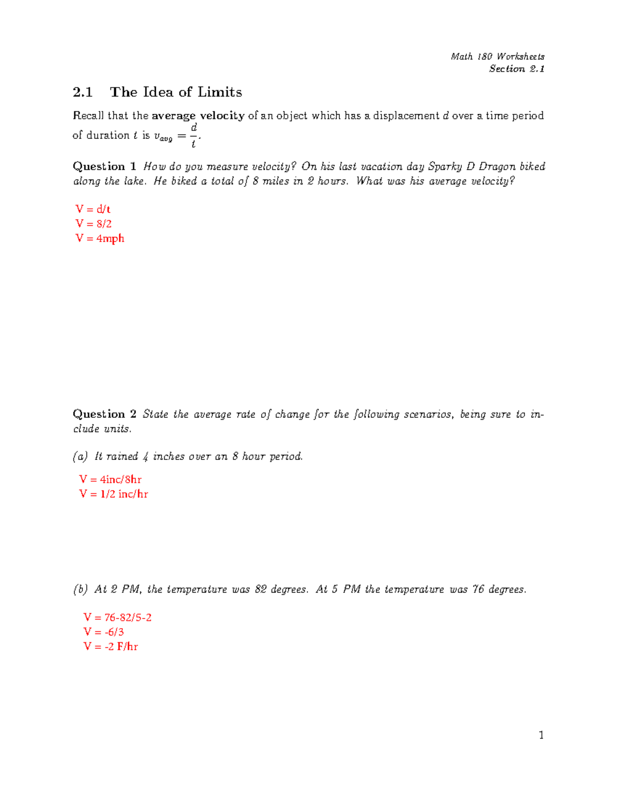 2.1 The Idea of Limits - Math 180 Worksheets Section 2. 2 The Idea of ...