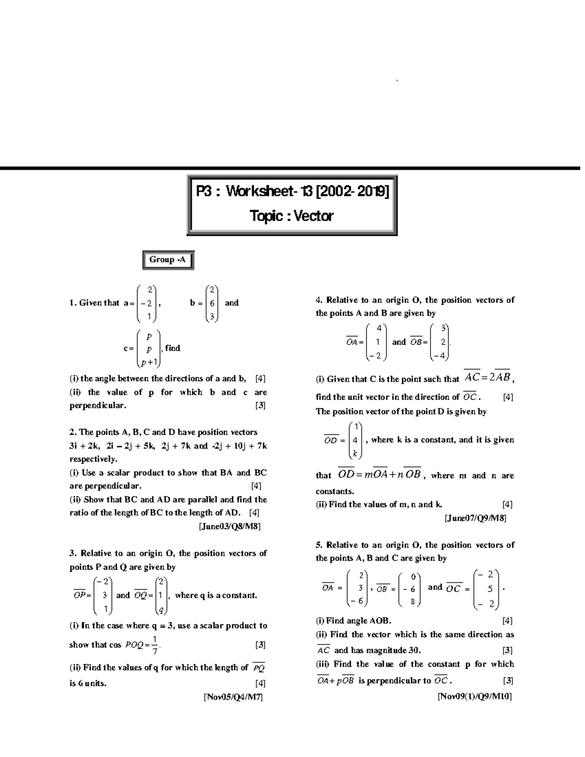 Worksheet-13- Vector - Practice questions from the past years that give ...