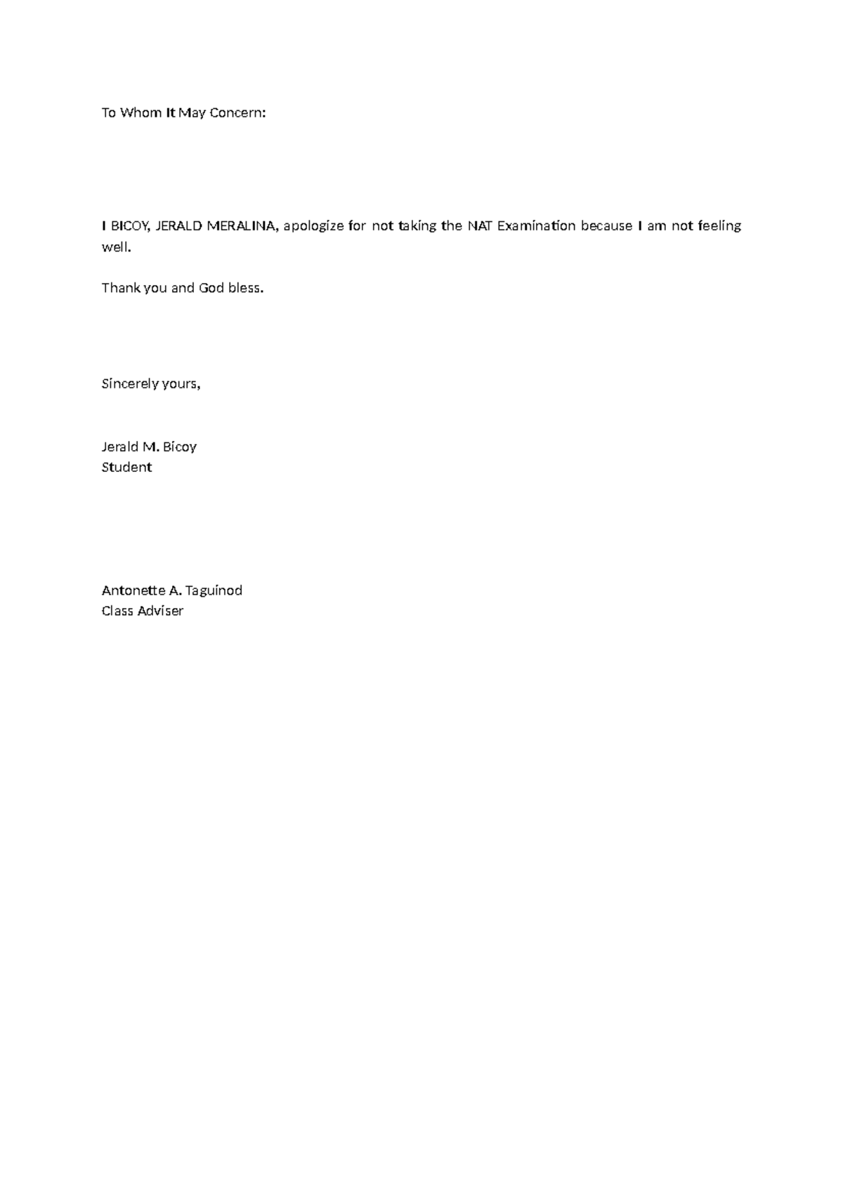 NAT Excuse Letter - I BICOY, JERALD MERALINA, apologize for not taking ...