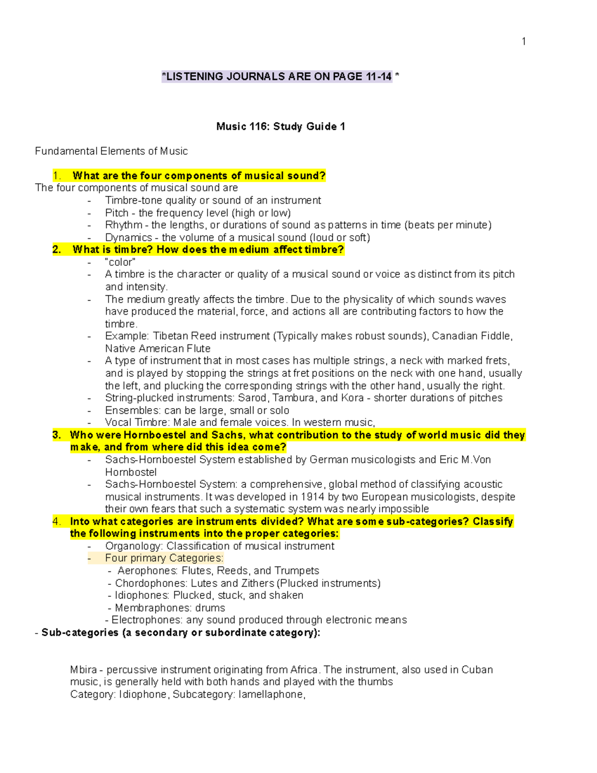 Music 116 Study Guide 1 - *LISTENING JOURNALS ARE ON PAGE 11-14 * Music ...