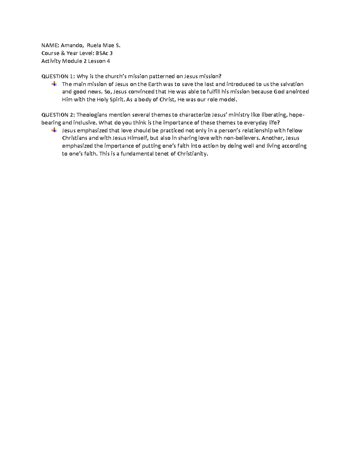 Missionary Response - CFE 103 - NAME: Amando, Ruela Mae S. Course ...