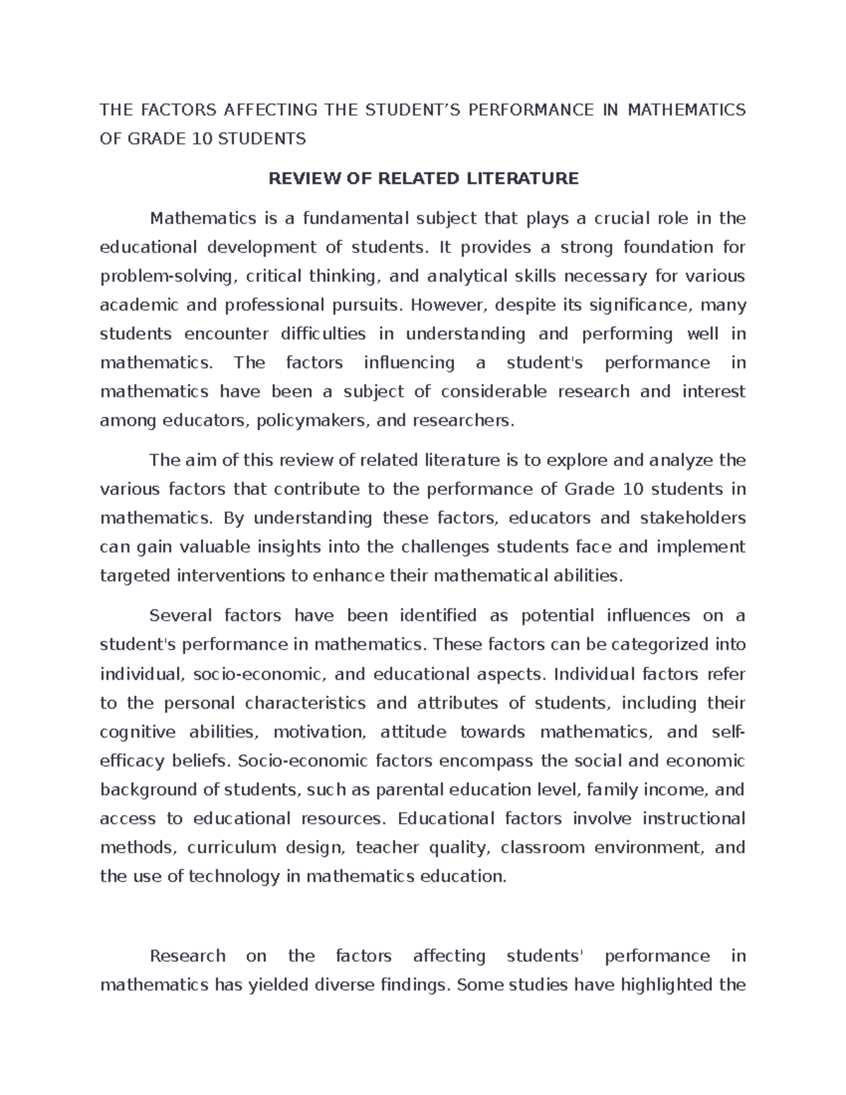Rrl - THE FACTORS AFFECTING THE STUDENT’S PERFORMANCE IN MATHEMATICS OF ...