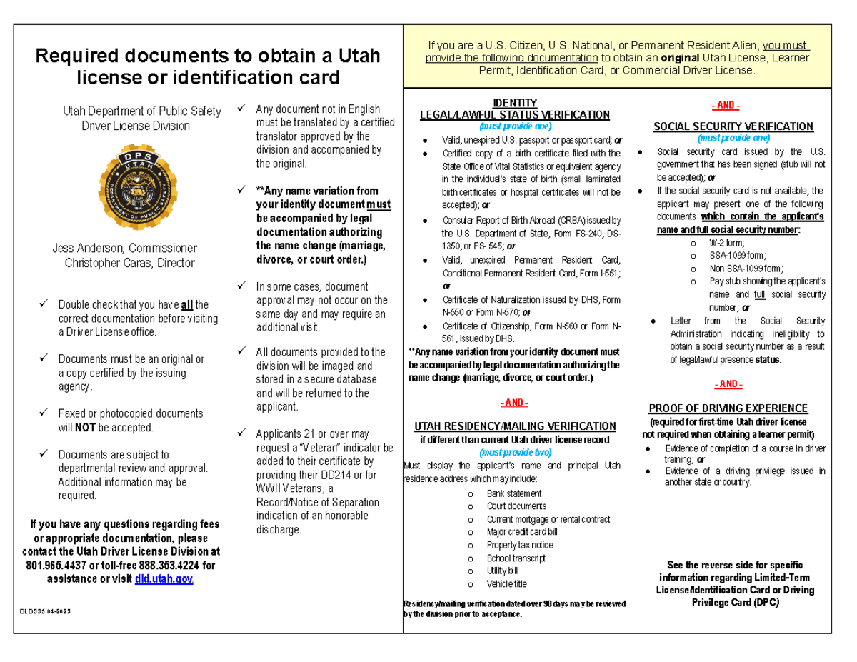 DLD 335 English REV 4 - Required documents to obtain a Utah license or ...