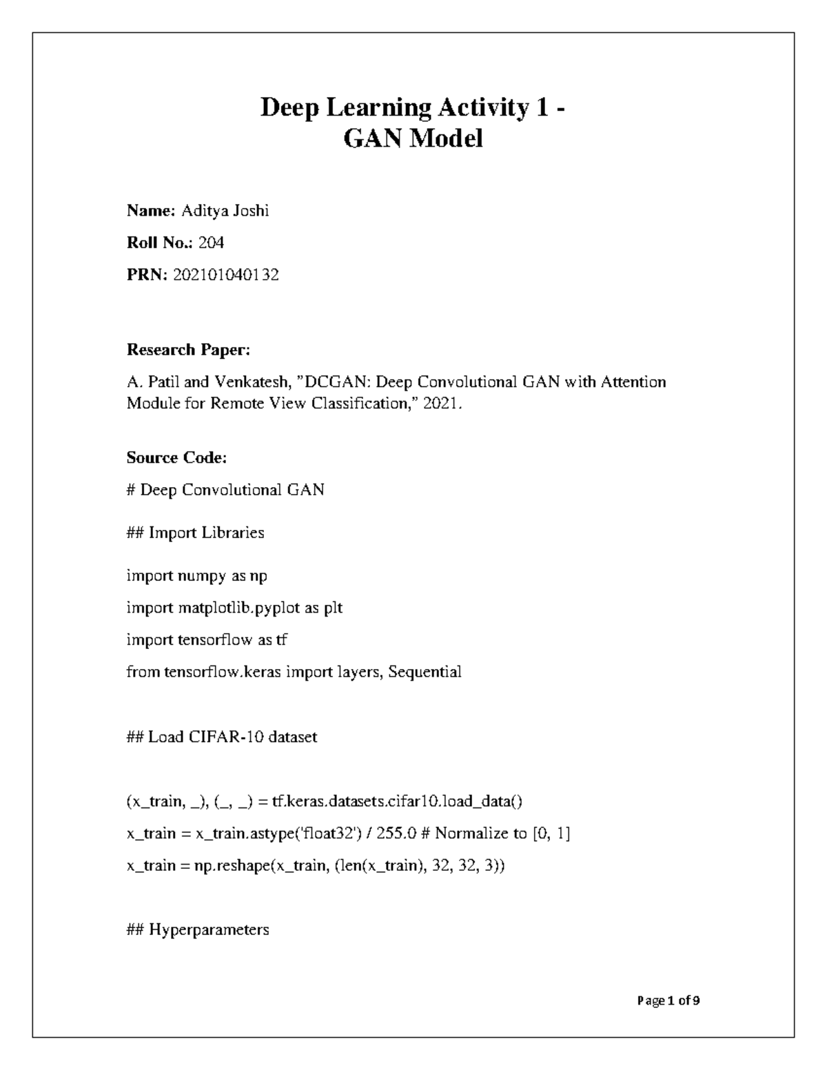 204 DL Activity 1 - Important - Deep Learning Activity 1 - GAN Model ...